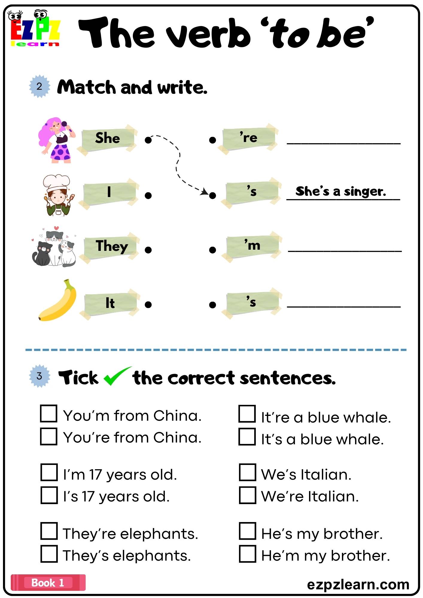The Verb To Be Simple Present Match and Write the Sentences Grammar Worksheet - Ezpzlearn.com